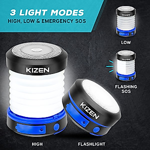 KIZEN Solar Camping Lantern - LED Lanterns for Power Outages, Camping Lights, Emergency Flashlight - Collapsible Lamp, Rechargeable W/ Solar or Plug