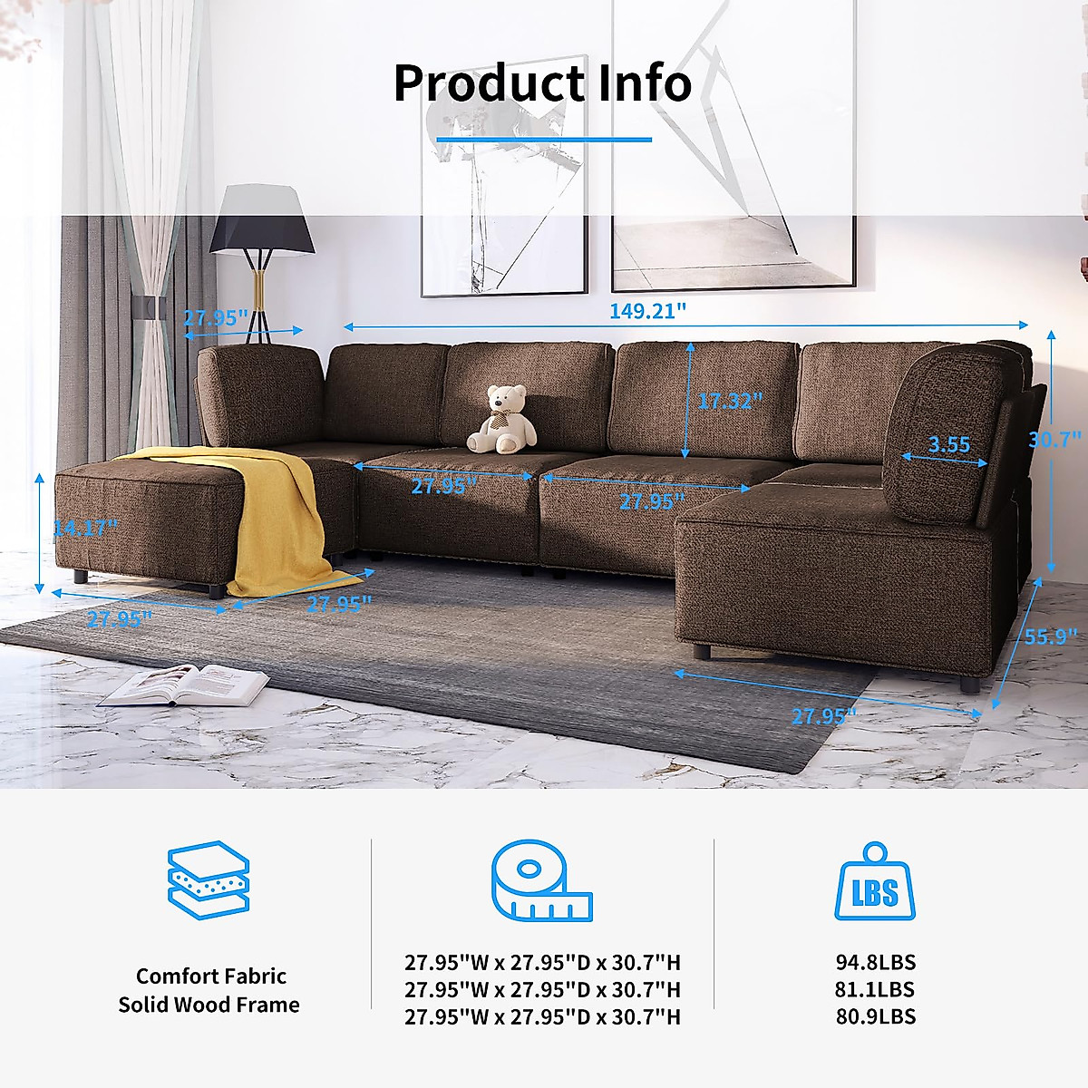 PUREMIND Modular Sectional Sofa with Chaise, Convertible Oversize L Shaped Couch with Reversible Ottoman, Linen 6 Seater Free Combination U Shaped Sleeper Sofa for Living Room, Brown