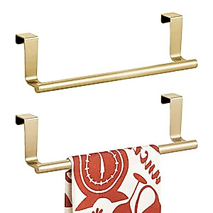 mDesign Metal Over The Door Towel Holder for Kitchen Cabinet - Hand, Dish, and Tea Towel Rack - Over The Door Towel Bar and Hanger - Kitchen/Bathroom Organizer - Omni Collection - 2 Pack, Soft Brass