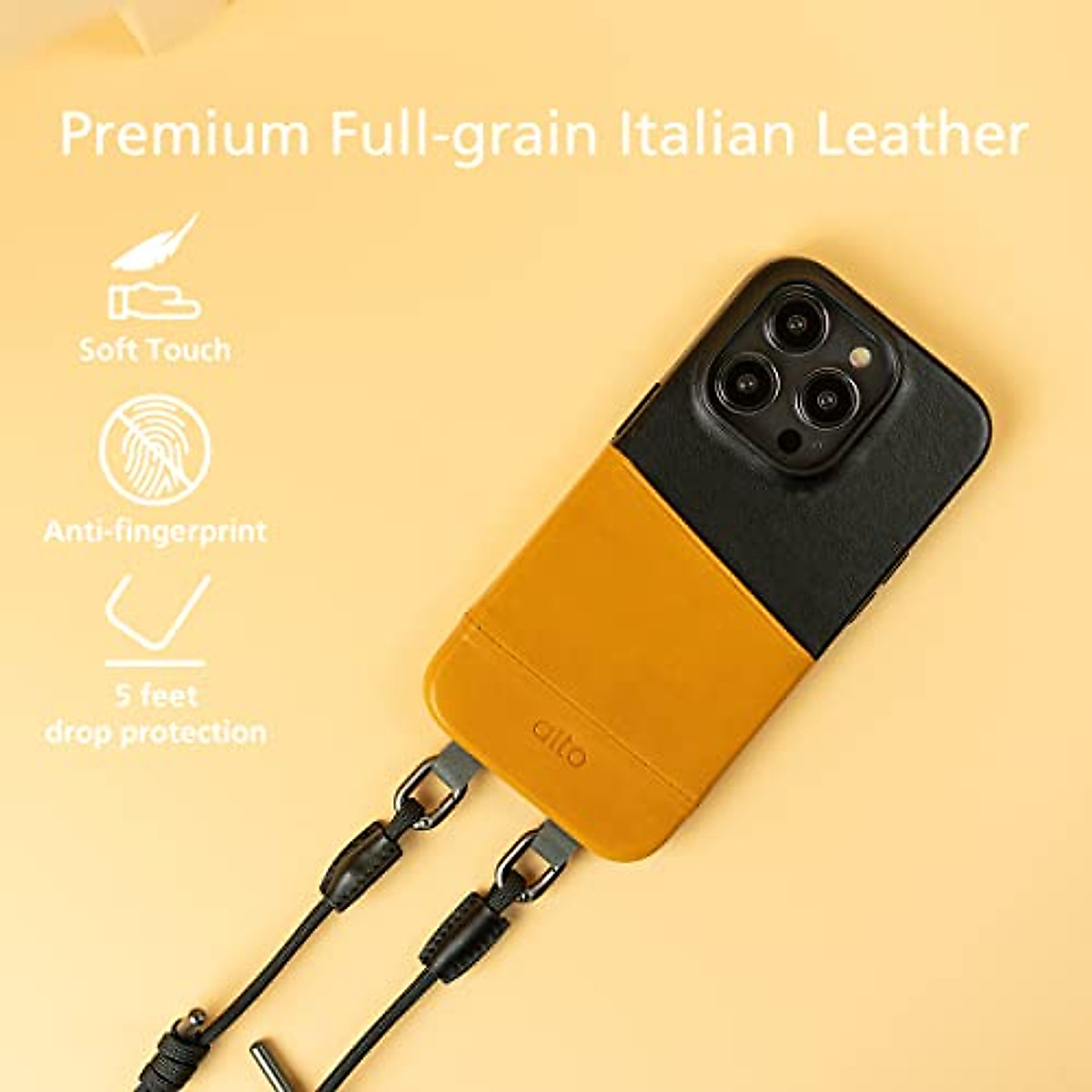 alto Crossbody Leather Case Designed for iPhone 14 Pro Max, Anello Drop Protective Italian Leather Card Wallet Case with Detachable Lanyard Strap (6.7 inch, iPhone 14 Pro Max, Brown and Black)