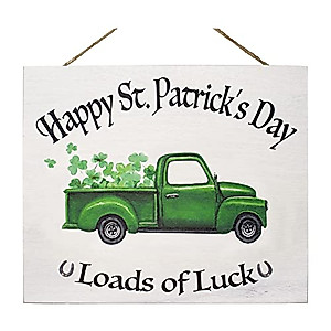 JennyGems St Patricks Day Decorations Front Door Decor, Shamrocks Truck Farmhouse St Patricks Day Decor, Happy St Patrick's Day 10x12 Hanging Wooden Sign, Made in USA