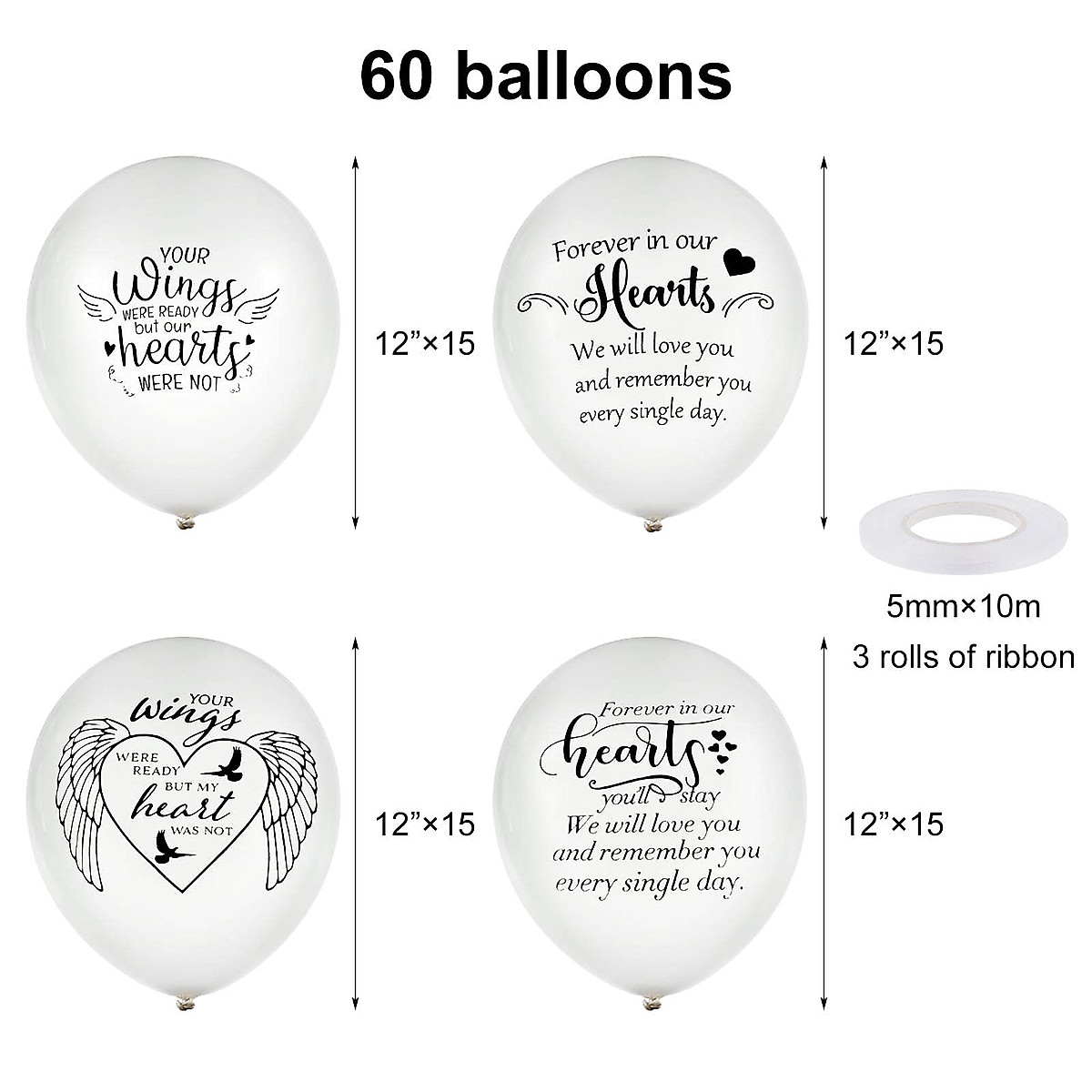 Chenkaiyang 60 Pcs Memorial Balloons White Funeral Balloons White Latex Balloons 12 in with 3 Roll White Balloon Ribbon for Funeral Decoration(Wing)