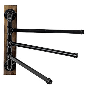 MyGift 17.3 Inch Wall Mounted Bathroom Swivel Towel Rack on Rustic Burnt Solid Wood Board, 3 Tier Industrial Black Metal Pipe Bars with 180 Degree Swing for Towels