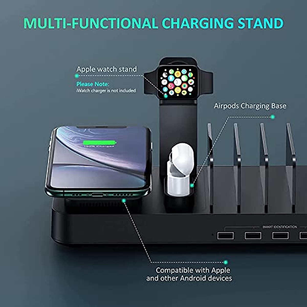 Getop Updated 8 in 1 Wireless Charging Station for Multiple Devices, Charging Dock with AirPods iWatch Charger Stand, 10W Wireless Charger and 9 Short Mixed Cables for iPhone/iPad/Tablets-Matt Black