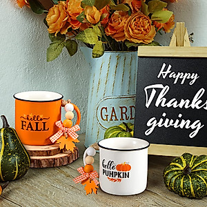 Roshtia 2 Pcs Fall Coffee Mug Enamel Thanksgiving Hello Pumpkin Mini Coffee Cups with Wood Bead Ornaments Fall Tiered Tray Decoration for Thanksgiving Fall Party