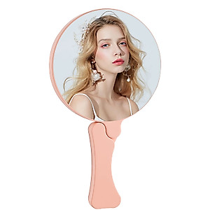 Handheld Mirror with Folding Handle, Round Portable Small Hand Mirror for Travel Makeup, Lightweight, Without Lights (Pink)