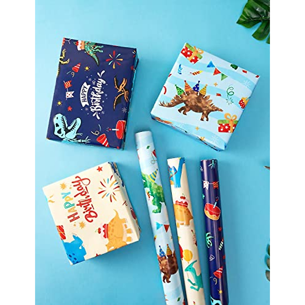 Dinosaur Wrapping Paper Rolls - 3 Rolls 17” x 120” Happy Birthday Wrapping Paper Kids Wrapping Paper Rolls Boy Dinosaur Gift Wrap Paper Dinosaur Party Favor Happy Bday Wrap with Cutting Line on Back