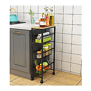 Storage Shelves Kitchen Cart on Wheels Metal Mesh Rolling Utility Cart with Wood Cover Multifunction Wire Basket Shelf Trolley for Home Bathroom Living Room Shelving (Color : 4 Layer, Size : CH)