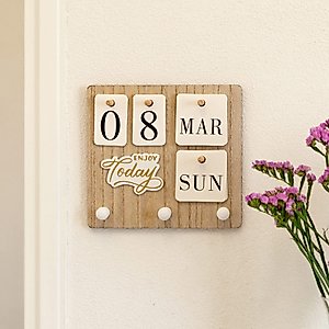 Wooden Wall Perpetual Calendar For Home Office Decor Accessories.Wood Flip Calendar Date Week Month Planner For Wall Decor.Wall Decorative With 3 Hooks For Hanging coats,Keys,Bags.Foldable and
