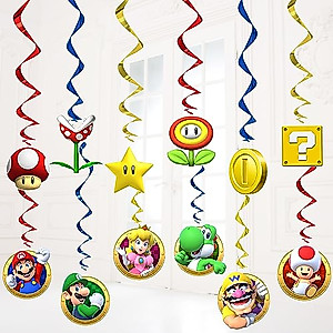 Mario Birthday Party Supplies, Mario Happy Birthday Themed Party Banner with 12 Hanging Swirls for Kids Boys Girls Birthday Baby Shower Mario Party Decorations