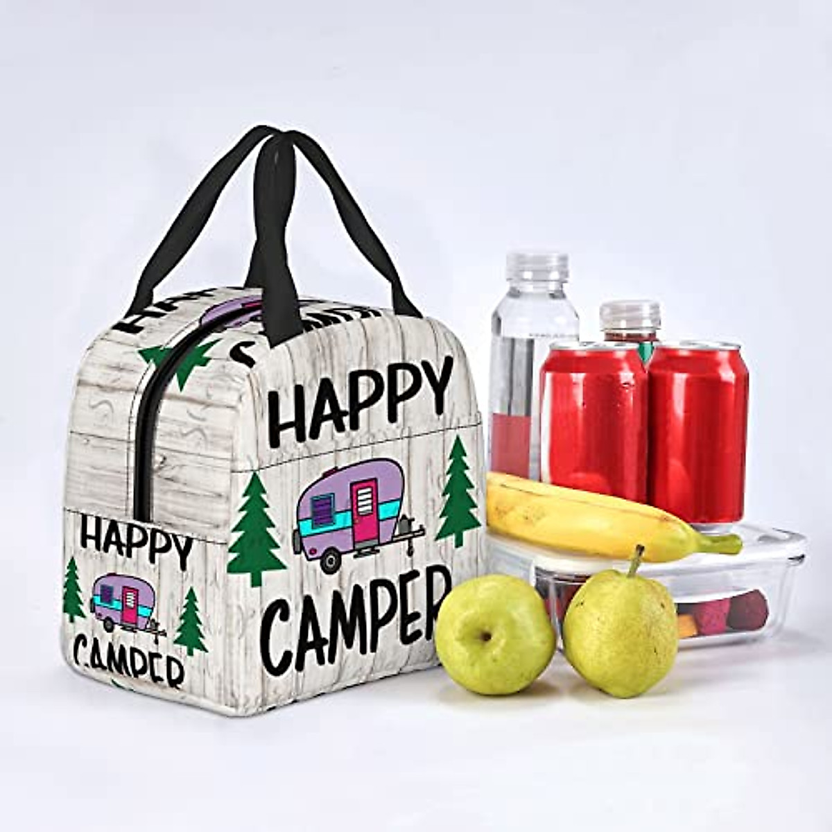 ZOBOTA Reusable Happy Camper Printed Handheld Lunch Bag, Insulated Lunch Box For Men And Women, For Work, Picnics Or Travel