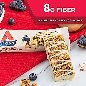 Atkins Blueberry Greek Yogurt Protein Meal Bar, High Fiber, 15g Protein, 3g Sugar, 5g Net Carbs, Meal Replacement, Keto Friendly, 5 Count