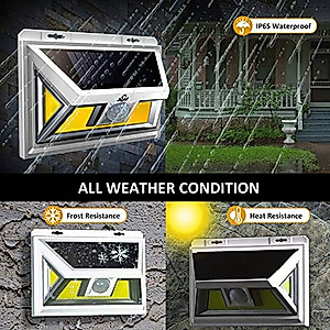 JUSLIT Solar Lights Outdoor, 74 COB LEDs Motion Sensor Light, 2 Modes Wireless Security Wall Lighting W/ 270° Wide Angle, IP65 Waterproof for Front Door, Yard, Garage, Garden, Deck, Porch (4PK)