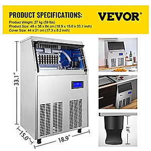 VEVOR 110V Commercial ice Maker 110-120LBS/24H with 33LBS Bin and Electric Water Drain Pump, Clear Cube, Stainless Steel Construction, Auto Operation, Include Water Filter 2 Scoops and Connection Hose
