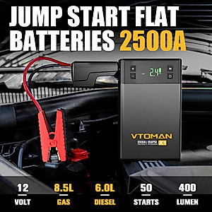 VTOMAN X1 Jump Starter with Air Compressor, Car Battery Jumper Starter (2500A, Up to 8.5L Gas/6L Diesel Engine) with 150PSI Auto Tire Inflator, 12V Portable Booster Pack, Lithium Jump Box Charger-Gray