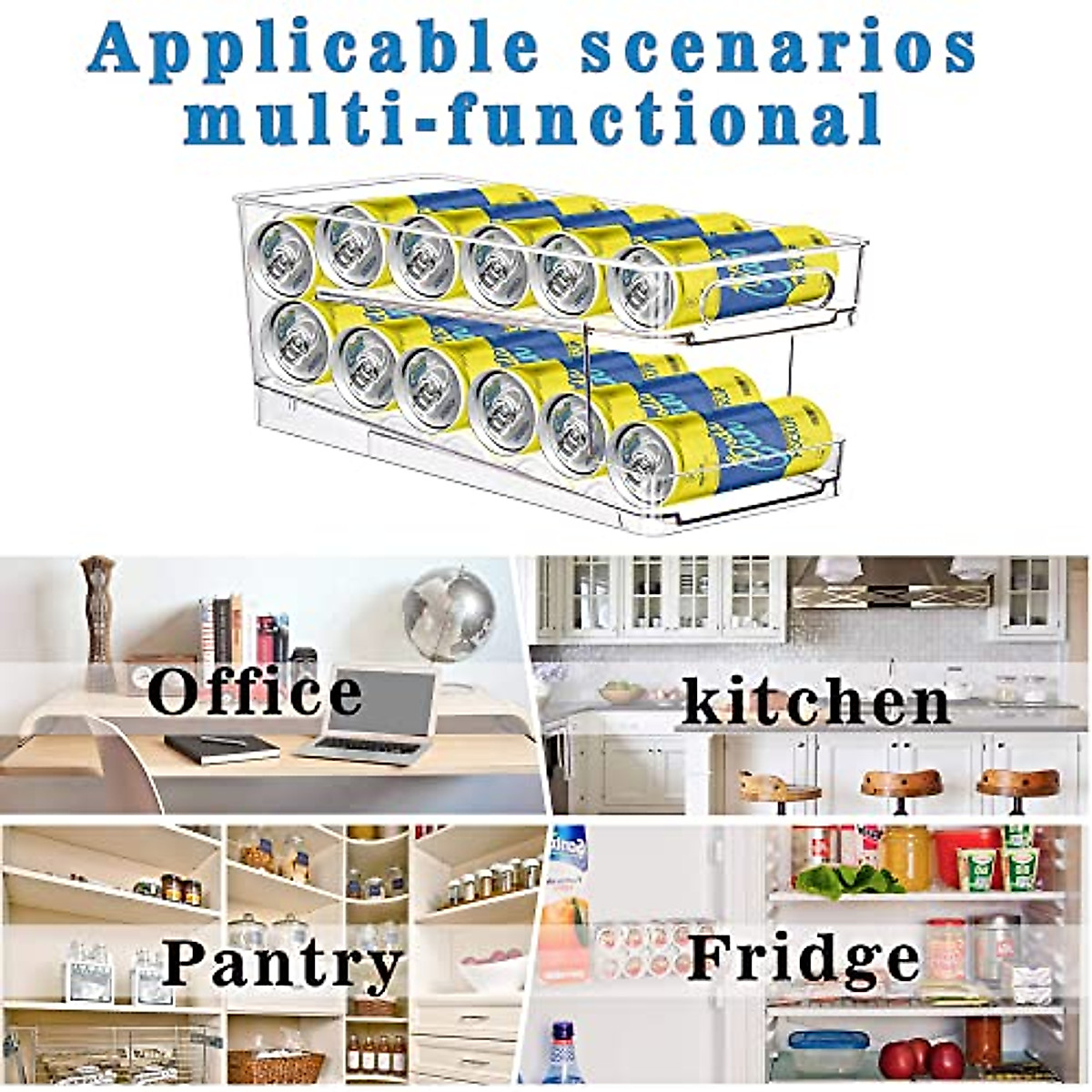 Mano Set of 2 Rolling Soda Can Organizer for Refrigerator, Clear Drink Dispenser for Pop Beer Soda Seltzer Beverage Can Holder, Plastic Fridge Organizer Bins Pantry Storage Rack