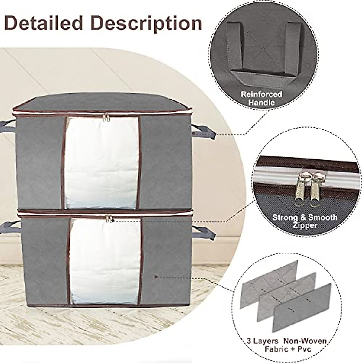 60L clothing organizer clothes storage container closet organizer storage bags for clothes under bed storage bin organizer for closet,shelves, basement （6 pack, grey)