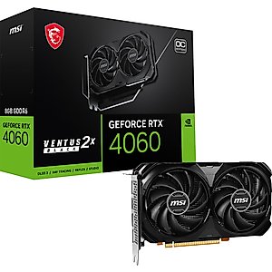 MSI Gaming GeForce RTX 4060 8GB GDRR6 Extreme Clock: 2505 MHz 128-Bit HDMI/DP Nvlink TORX Fan 4.0 Ada Lovelace Architecture Graphics Card (RTX 4060 Ventus 2X Black 8G OC)