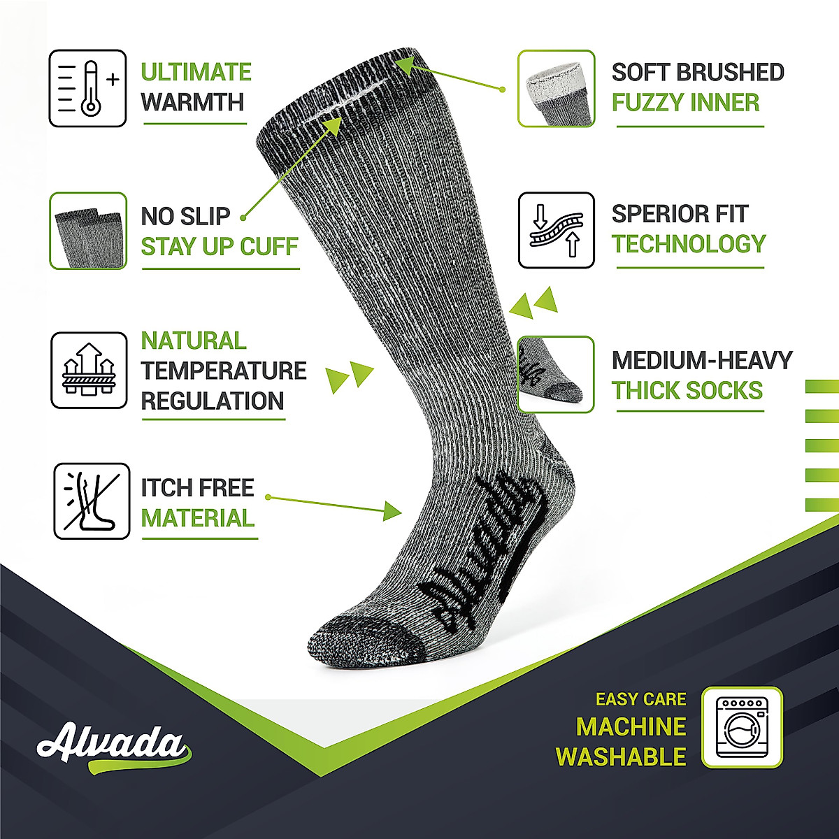 Alvada Merino Wool Hiking Socks Thermal Warm Crew Winter Boot Sock For Men Women 3 Pairs SM