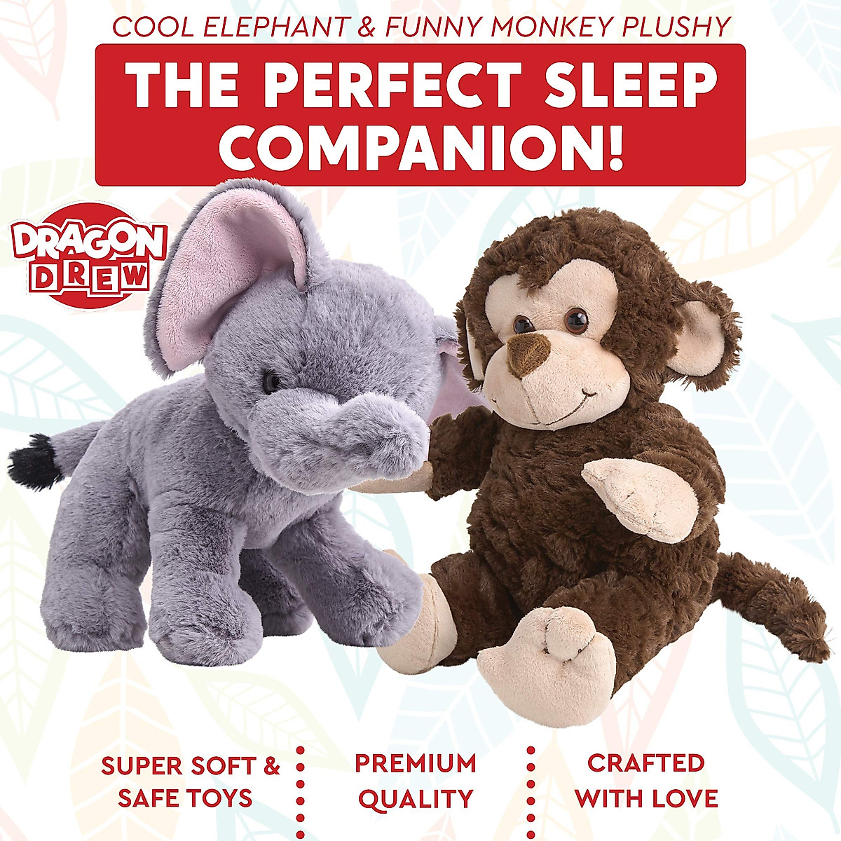 Dragon Drew Elephant and Monkey Stuffed Animals - 2 Soft Plush Animal Toys for Baby, Toddler and Kids - Cute and Cuddly Friends for Boy or Girl - Great Gift for Easter, Christmas, Birthday