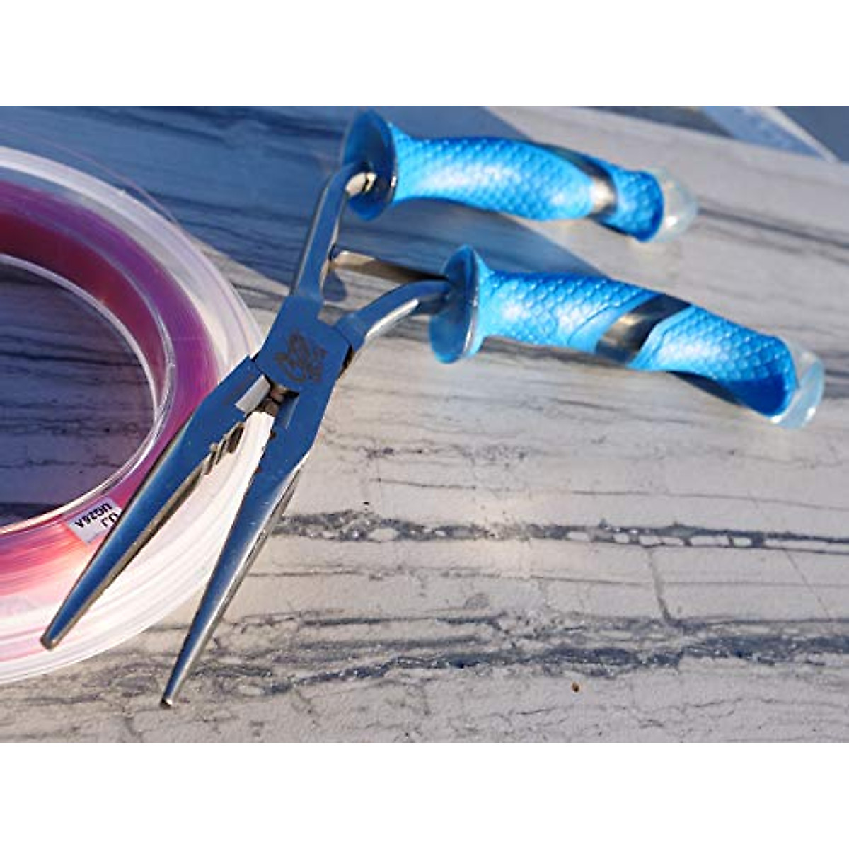 Cuda 9-Inch Pistol Grip Needle Nose Fishing Pliers with Integrated Crimper and Titanium, Fluorocarbon and Mono Cutters, Blue, (18096)