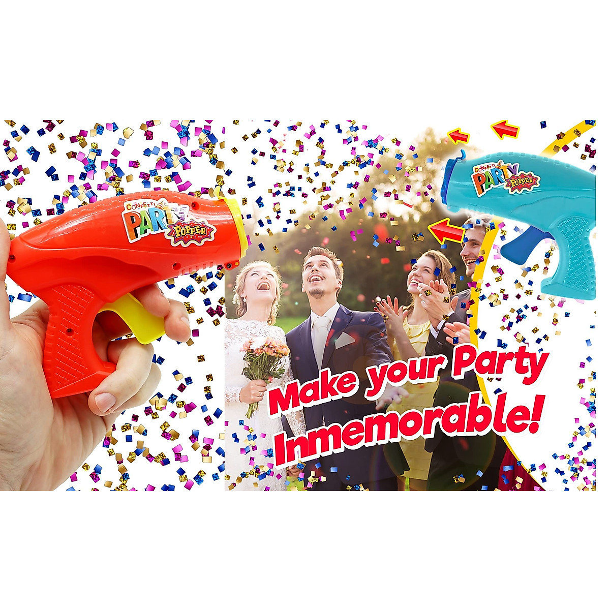 Confetti Party Poppers Gun Party Supplies (1 Gun 4 Shots) Plus Sticker Reusable Multicolor Metallic Confetti Poppers Gun Confetti Gun Party Favors Kids & Adults Birthday Parties Crazy Hour Fun 955-1s