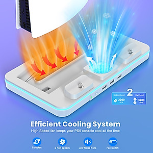 CODOGOY Upgraded PS5 Cooling Stand with Controller Charger, Cooling Station for PS5 Disc & Digital Editions, 2 Levels Adjustable Fans Speed, PS5 Charging Docking Station with 3 USB Ports (White)