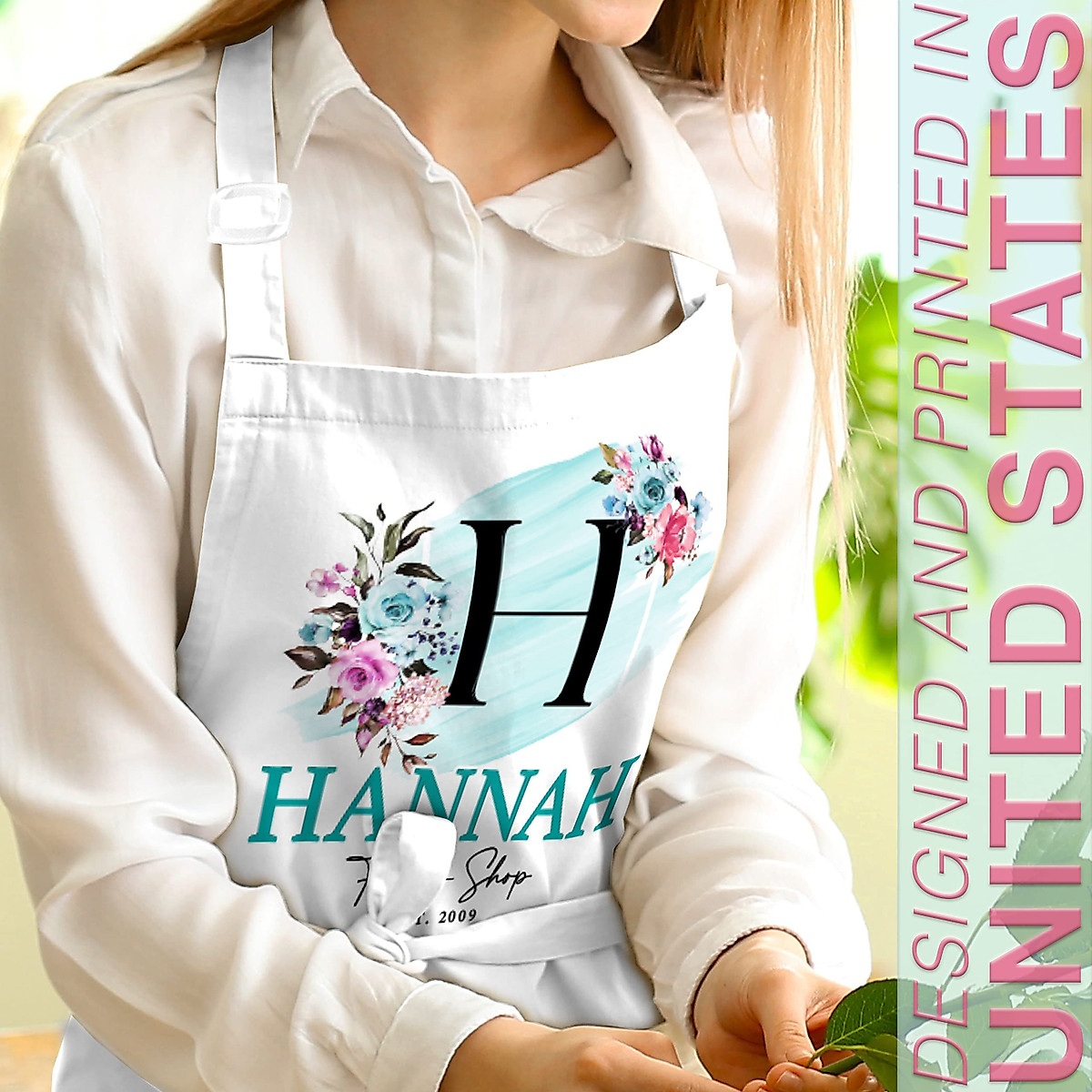 Kitchen Floral Apron Gift for Mother's Day - Personalized Mom Aprons Gifts w/Pockets w/Name for Mother Men for Grilling Cooking BBQ Baking Customized Funny Chef Apron for Mommy Custom Grandpa Gift C1