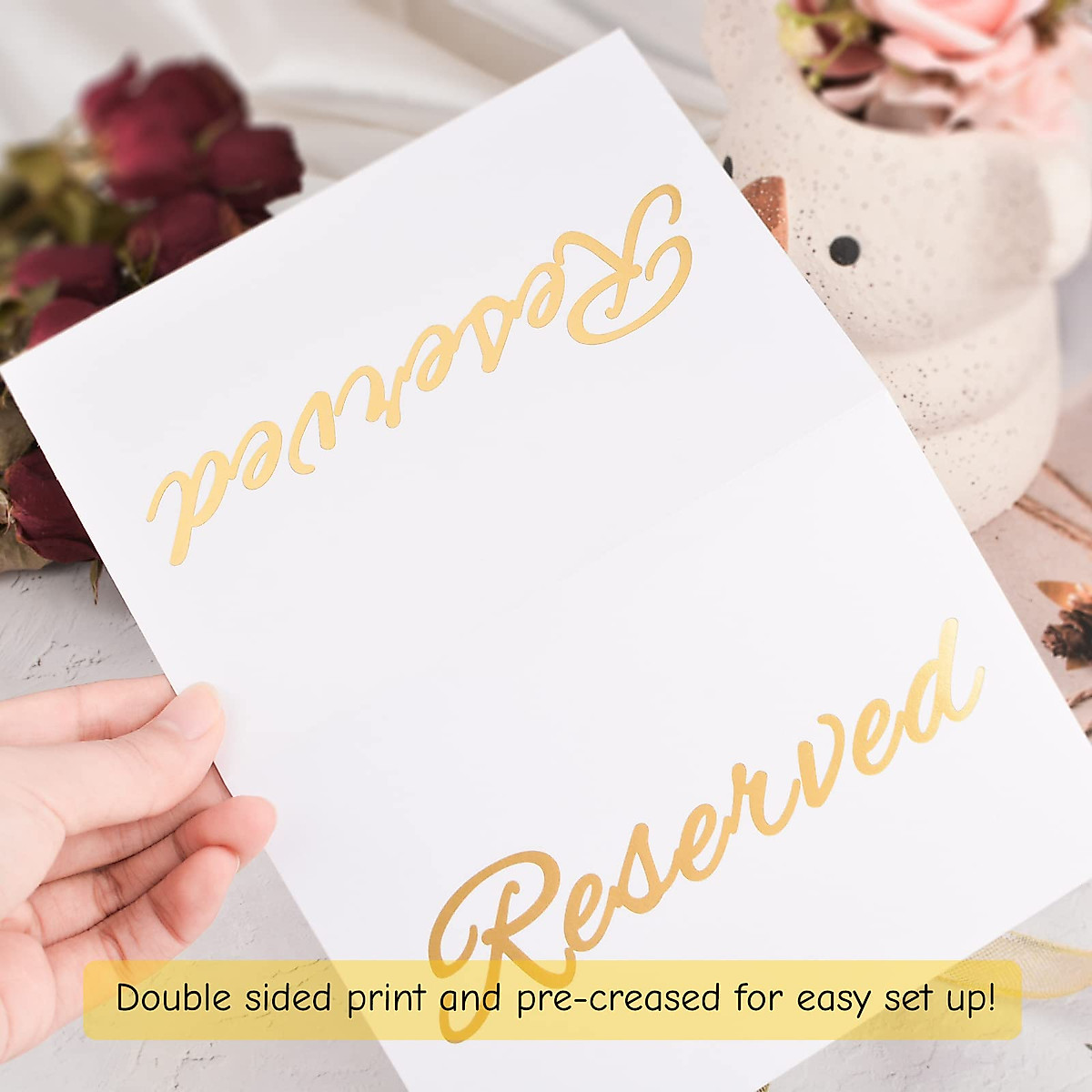 URROMA 25 Pcs Gold Wedding Reserved Table Signs, Double Sided Reserved Table Signs Gold Font Table Reserved Cards White Paper Reserved Table Tent Card