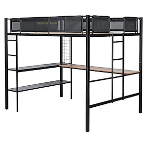 NCKMYB Metal Loft Bed with Desk and Shelves, Full Size Loft Bed with 2 Ladders and 2 Tier Shelves, for Teen Adult or Dorm, Black