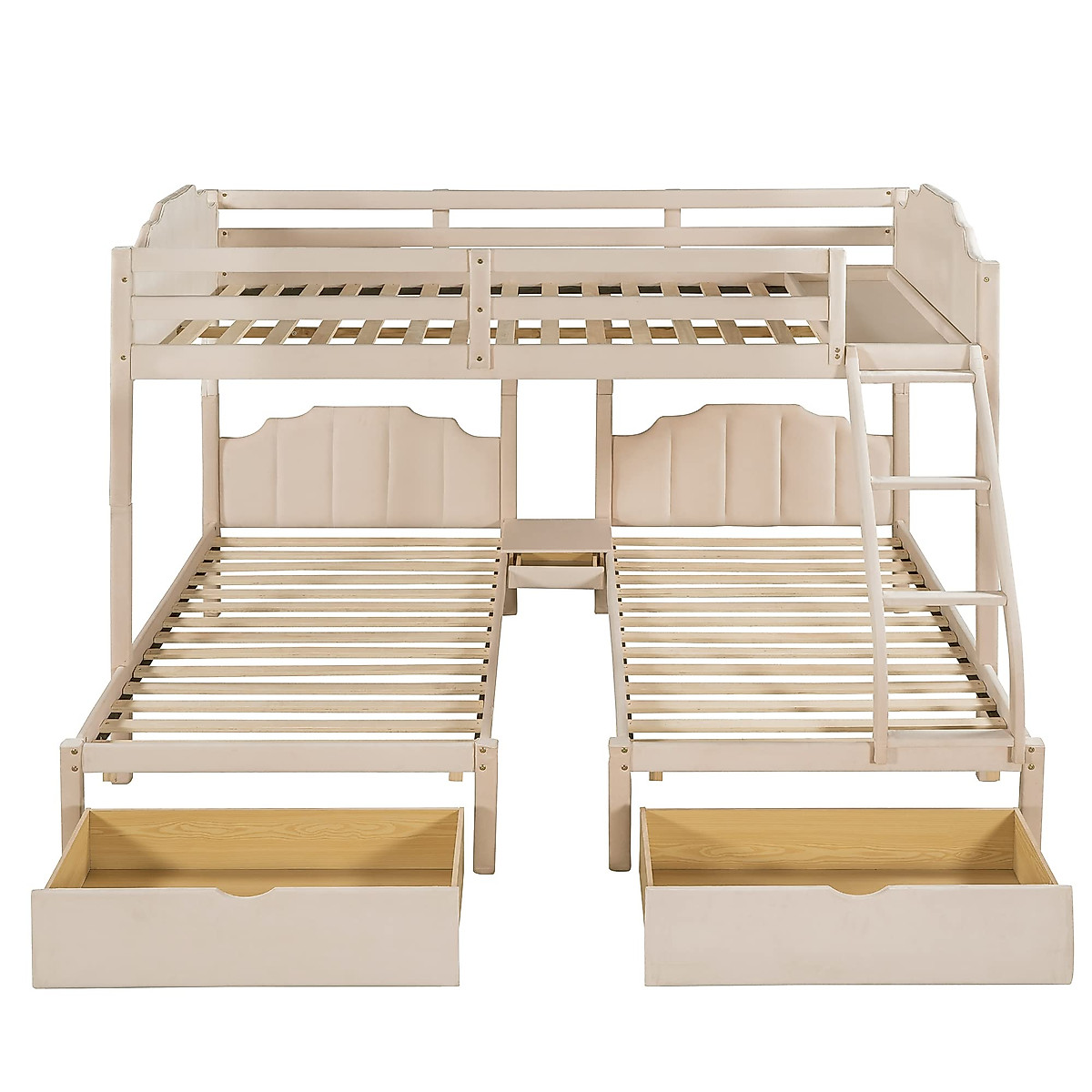 PRNDOLE Full Over Twin & Twin Bunk Bed,Triple Bunk Bed with 3 Drawers,Headboard and Guardrails for Kids Teens Adults,Beige