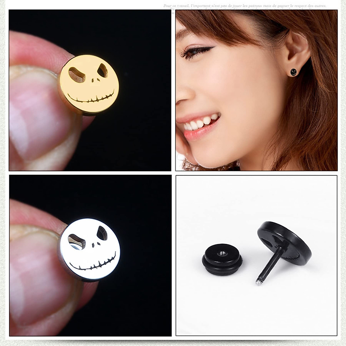 Stainless Steel Black/Silver Jack Skellington Cut-Out Round Circle Button Stud Post Earrings（10mm） ER72 (Gold)
