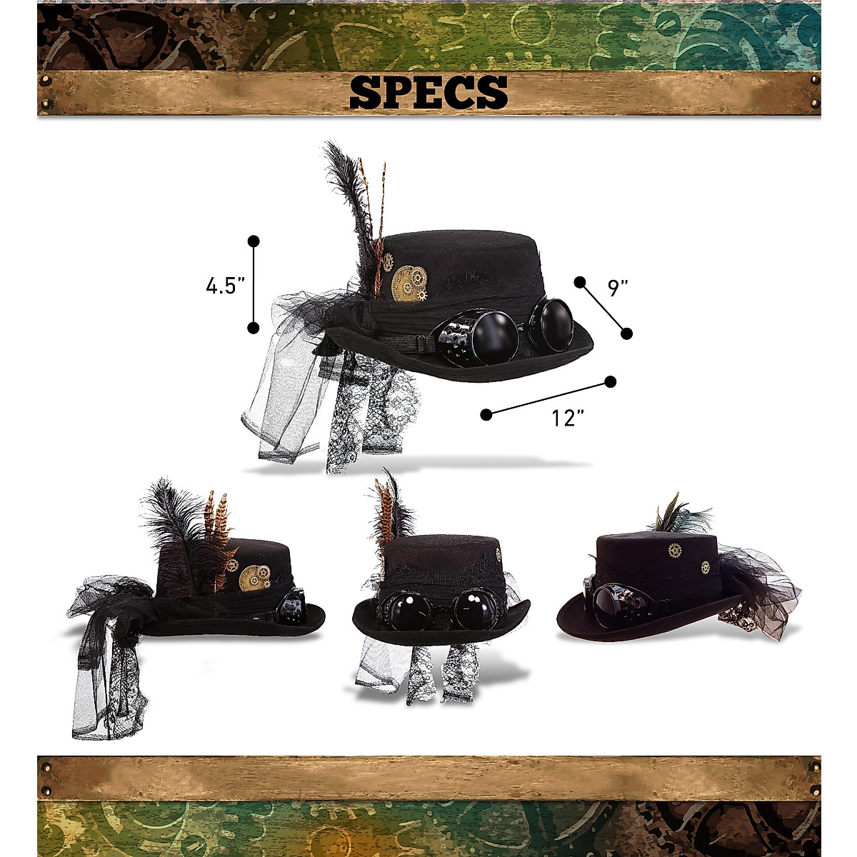 Attitude Studio Fedora Steampunk Hat with Goggles, Feathers, and Gears - Black