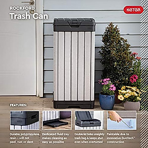 Keter Rockford Resin 38 Gallon Trash Can with Lid and Drip Tray for Easy Cleaning-Perfect for Patios, Kitchens, and Outdoor Entertaining, Grey