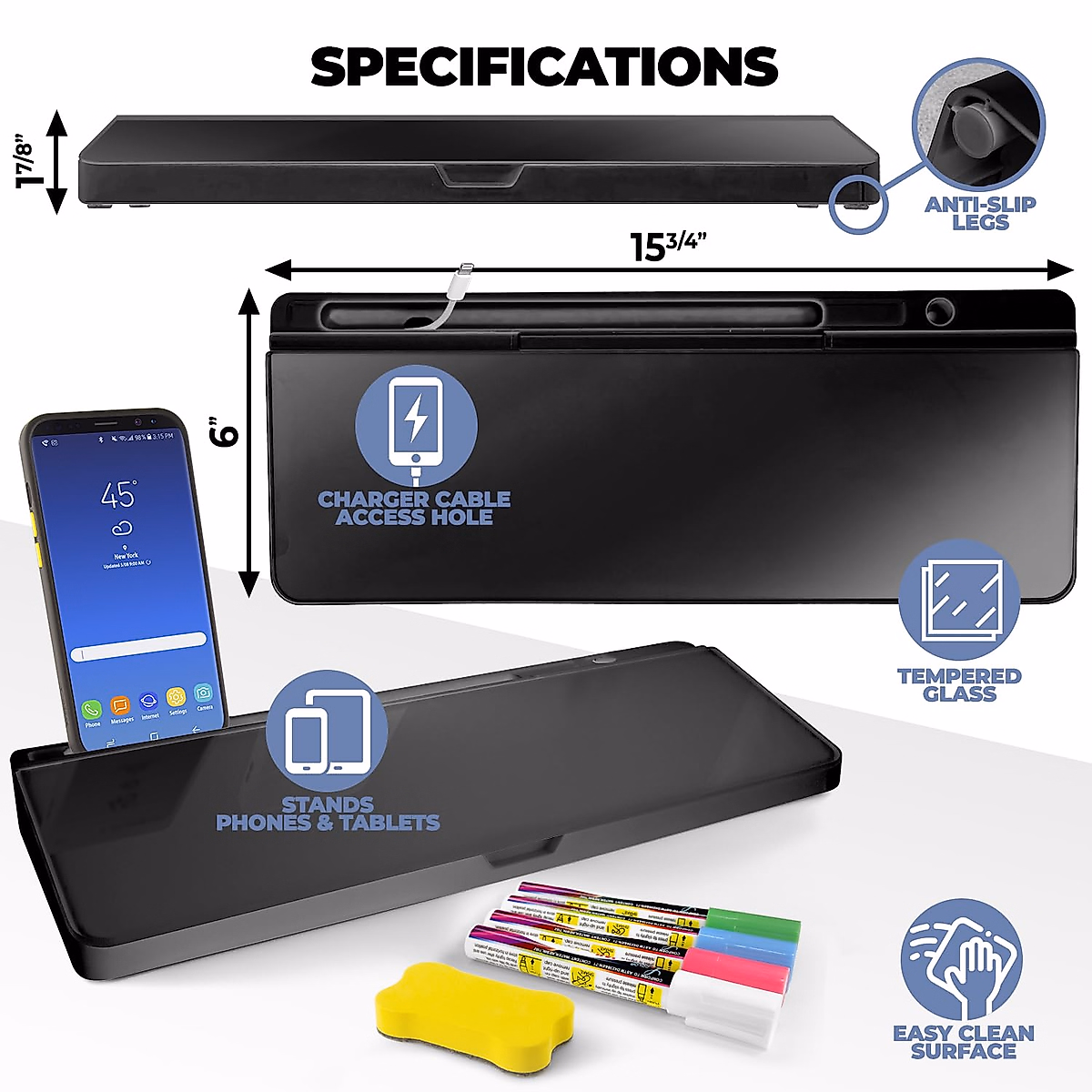 Desktop Dry Erase Board - Glass Erase Board - Black Desk Computer Buddy – Home Office & Studying Essentials - Phone & Tablet Slot, Storage Compartment - Includes 4 Markers, 1 Eraser.