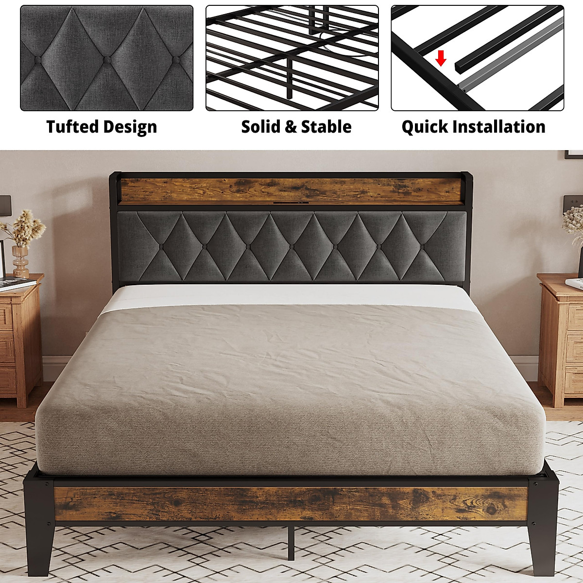 ANCTOR Full Size Bed Frame, Storage Headboard with Outlets, Easy to Install, Sturdy and Stable, No Noise, No Box Springs Needed - Perfect for a Good Night's Sleep