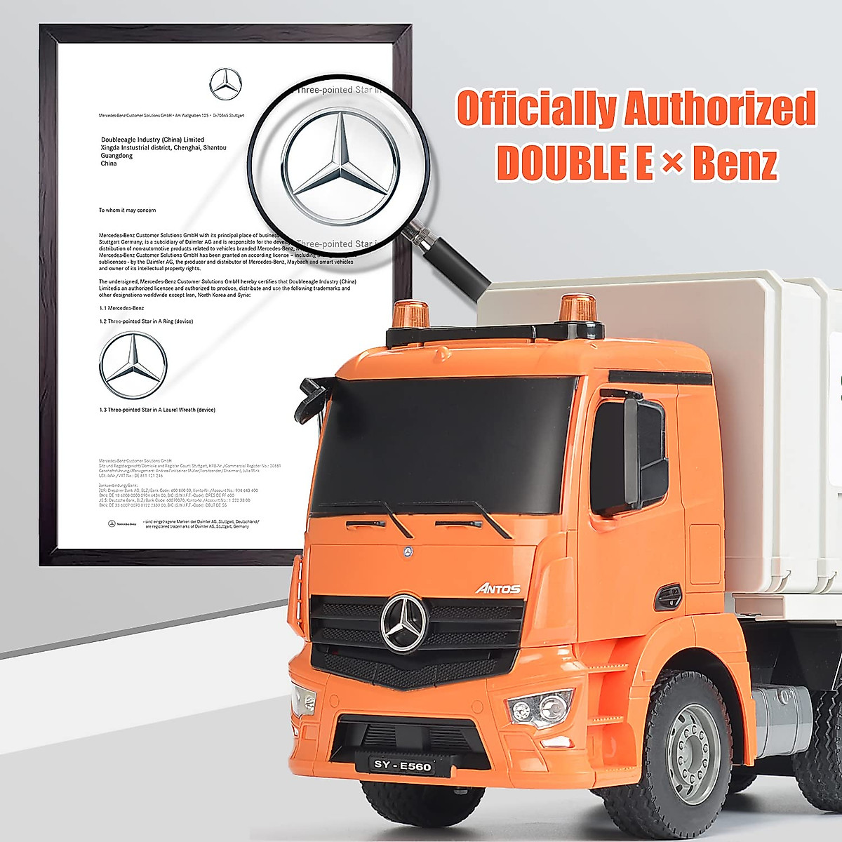 DOUBLE E Benz Licensed Remote Control Garbage Truck Electric Recycling Toy Set with Trash Bin Real Lights Rechargeable Waste Management Trash Truck Toys Gift for Kids