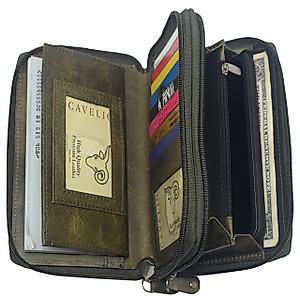 Cavelio Leather Wallets for Women RFID Blocking Double Zip Around Credit Card Holder Phone Clutch (Green)