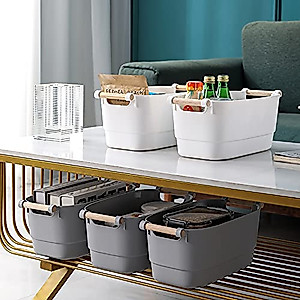 Storage Bins with Wood Handle, Sleek Design - White Matte Plastic Organizer Bucket Container for Pantry Shelf, Kitchen, Closet, Bathroom, Durable, Easy to Clean (WHITE, MEDIUM) (MEDIUM)