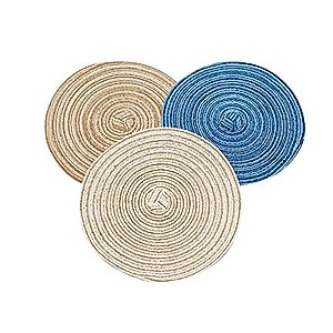 Bbiamsleep 3 Pcs 7.7 Inch Diameter 1:6 Dollhouse Braided Indoor Area Rug Hand Woven Area Carpet Round Beige Wheat Blue Rugs Natural Rustic Vintage Braided Durable Rug Eco Friendly