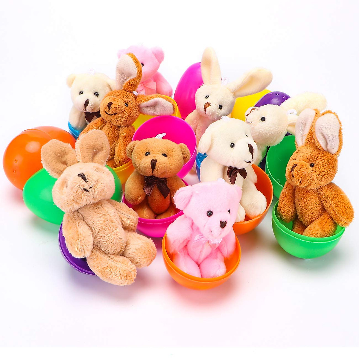 NEWBEA 12 Pack Prefilled Easter Eggs with Stuffed Animals,3.15" Plastic Easter Eggs Filled with Toys,Perfect for Easter Eggs Hunt
