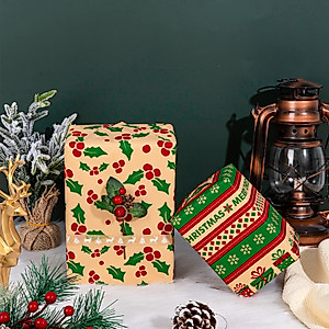 Whaline Christmas Tissue Paper Kraft Xmas Red Green Wrapping Paper 19.7 x 13.8 Inch Assorted Xmas Tree Holly Berry Christmas Tissue Paper for Gift Bags Holiday DIY Crafts Decor, 90 Sheet