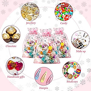 Roowest 100 Pcs Pink Christmas Snowflake Organza Gift Bags 4 x 6 Inch Small Mesh Jewelry Pouches Mini Drawstring Candy Bags Goody Bag Organza Favor Bags for Christmas, Winter Party, Jewelry, Festival