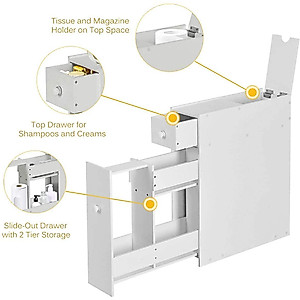 FANTASK Slim Bathroom Storage Cabinet, Toilet Narrow Floor Organizer w/Toilet Tissue Magazine Shelf Holder & 2 Slide Out Drawers, Corner Storage Cabinet for Home Bathroom Living Room, White