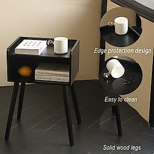 MaxSmeo Nightstand, Mid Century Modern Side Table Bedroom with Storage, Small End Bedside Table with Solid Wood Legs for Living Room, Office Small Spaces (Black)
