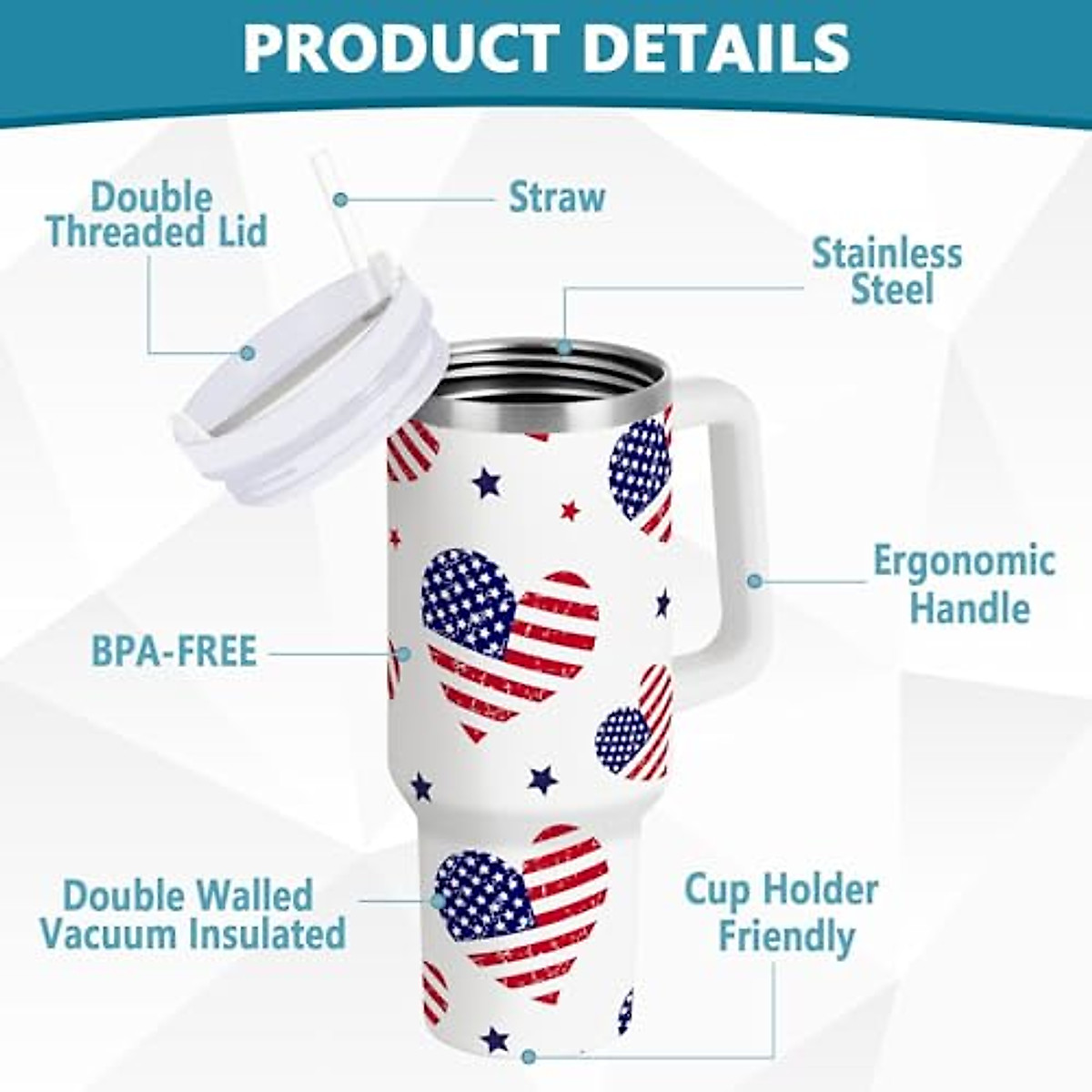 Joisal American Flag Hearts Pattern Insulated Tumbler Reusable Water Bottle with Straw Water Cups
