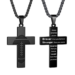 Football Cross Necklace for Boys Inspirational Bible Verse Cross Pendant Stainless Steel Chain 22+2 inch Football Sports Jewelry Football Gift for Men Women(B-Brave Strong)Over 18 years old