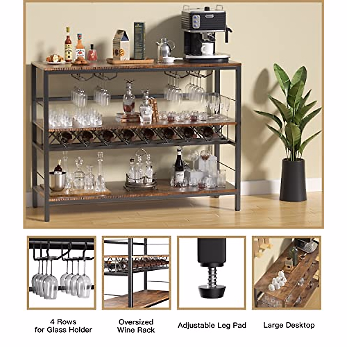 COZY EAGLE Coffee Bar Cart, Bar Carts for The Home, Mini Bar Cart, Coffee Bar Cabinet with Storage, Wine Rack, Mini Coffee Bar Table for Home, Kitchen, and Liquor Buffet Cabinet - 39.4 inch - Rustic