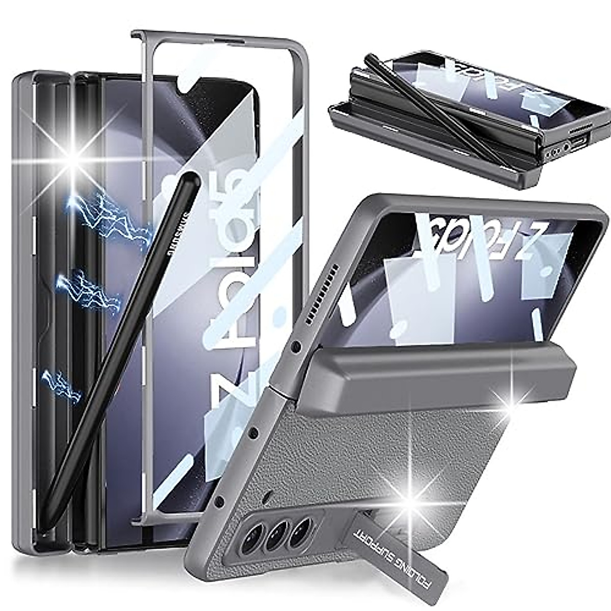 Miimall for Galaxy Z Fold 5 Case, Built-in S Pen Holder+Magnetic Hinge Protection+Screen Protector+Kickstand Military Grade Shock-Proof Protection Phone Case for Samsung Galaxy Z fold 5 (Grey)