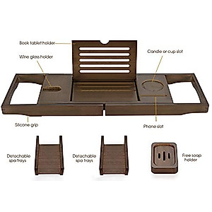 HBlife Bamboo Bathtub Caddy Tray Durable, Non-Slip, One or Two Person Bath and Bed Tray, Extending Sides Fits Any Tub, Cellphone iPad and Wineglass Holder, Free Soap Holder - Coffee